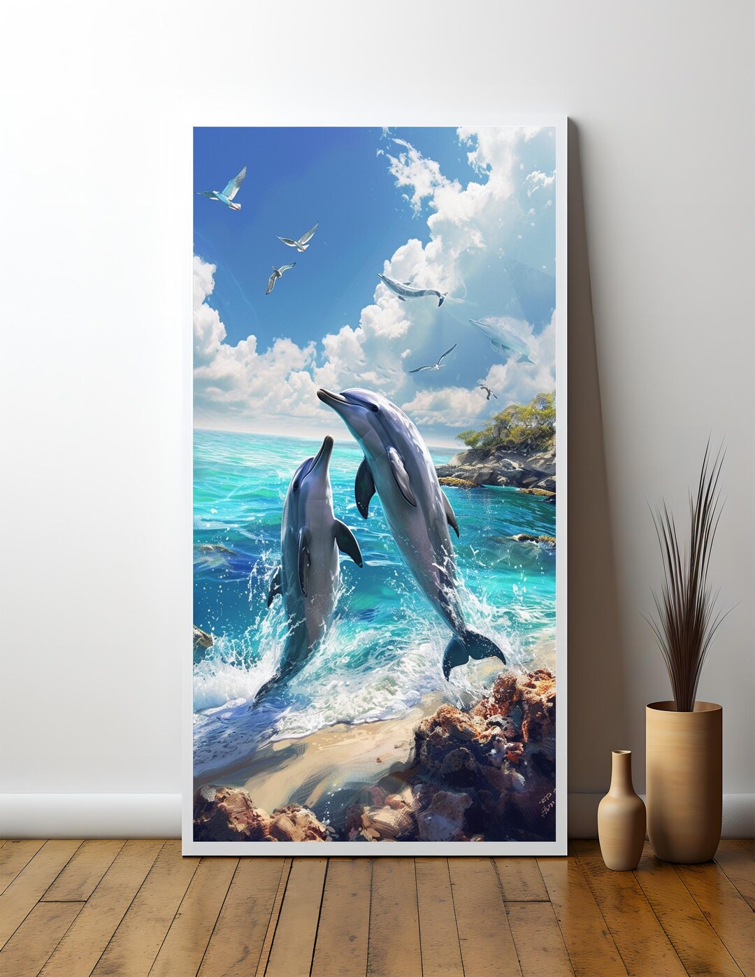 Joyful Dolphins Canvas Painting: A Lively and Realistic Depiction of ...