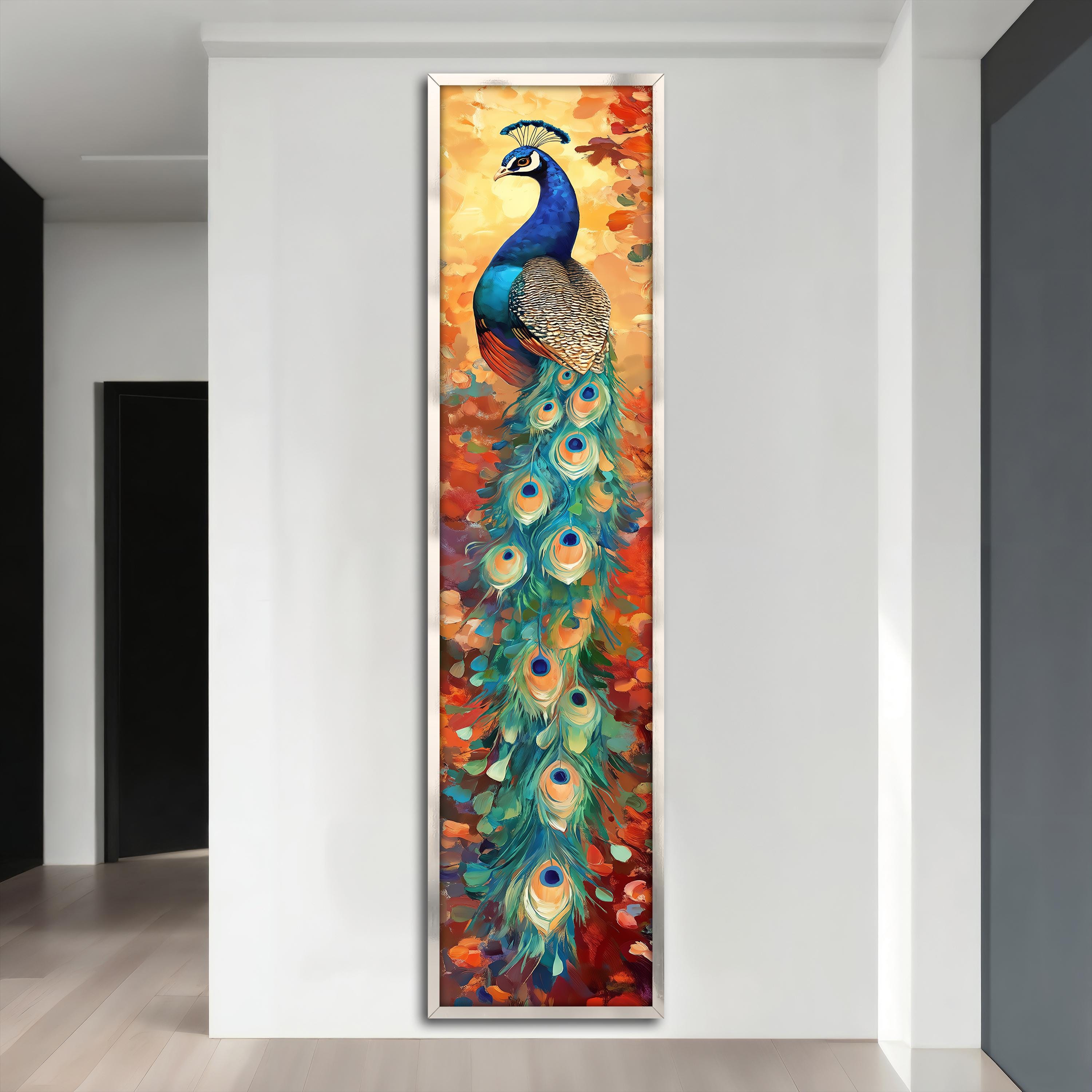 Peacock Canvas Painting, Large Vertical Peacock Wall Art, Vibrant ...