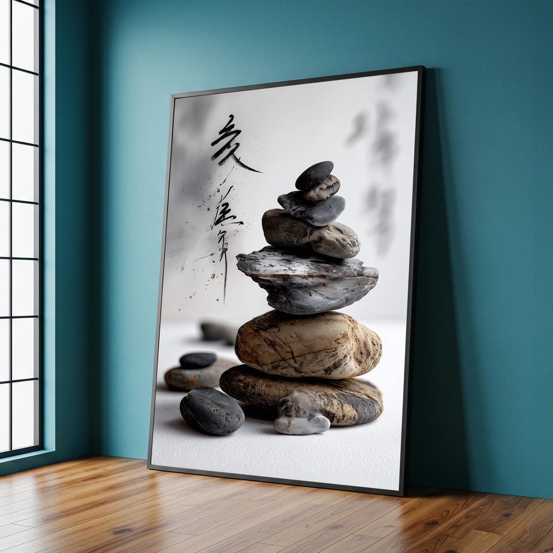 Pintura en lienzo de piedras zen apiladas, arte mural de caligrafía ...