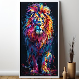 Vivid Rainbow Lion Canvas Painting: A Fierce and Colorful Majesty in ...