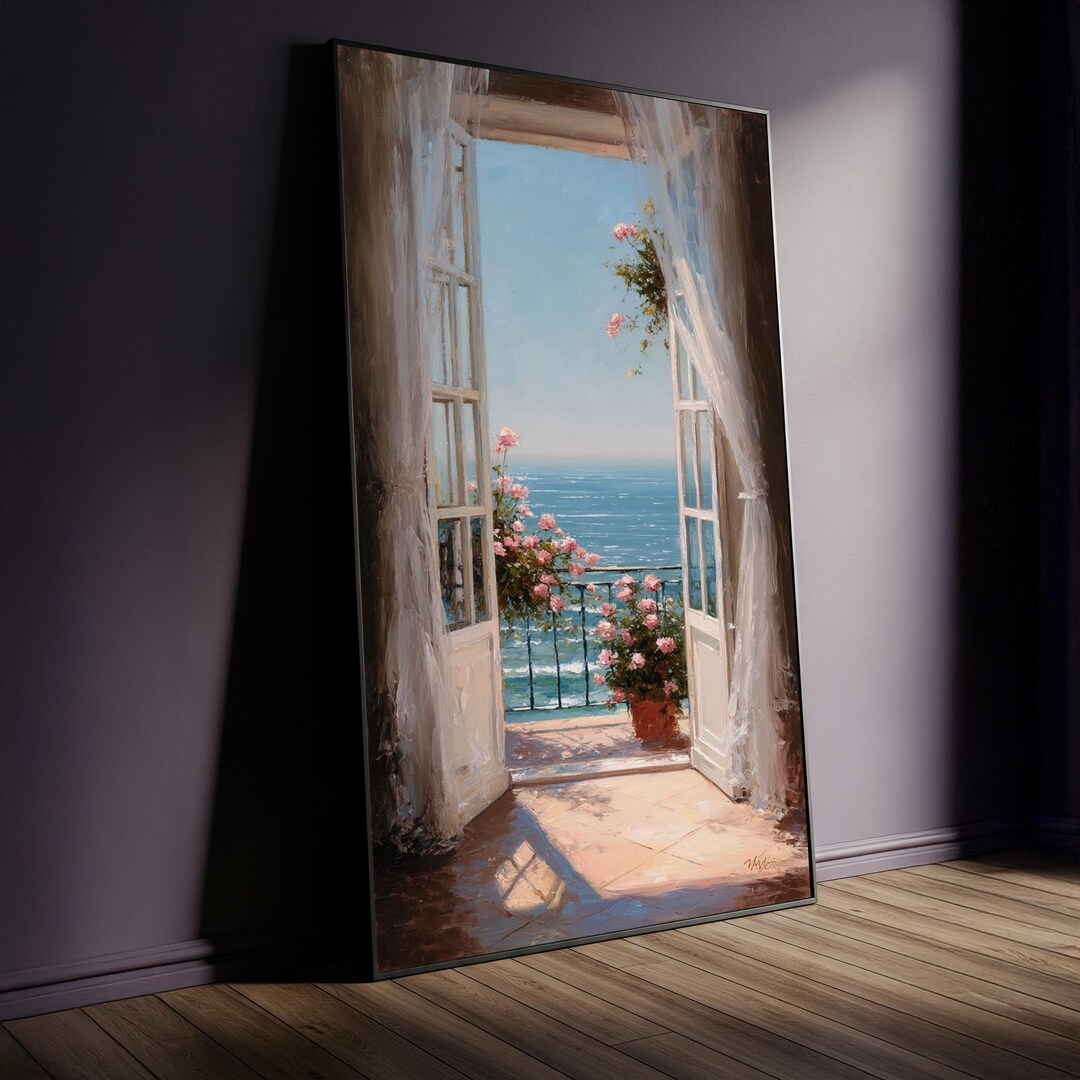 Romantic Balcony Ocean View Canvas Painting - Ready to Hang Coastal ...
