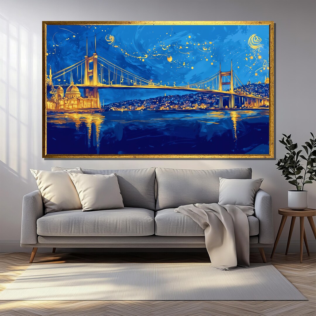 Istanbul Bosphorus Bridge Canvas Painting, Night Cityscape Art, Starry ...