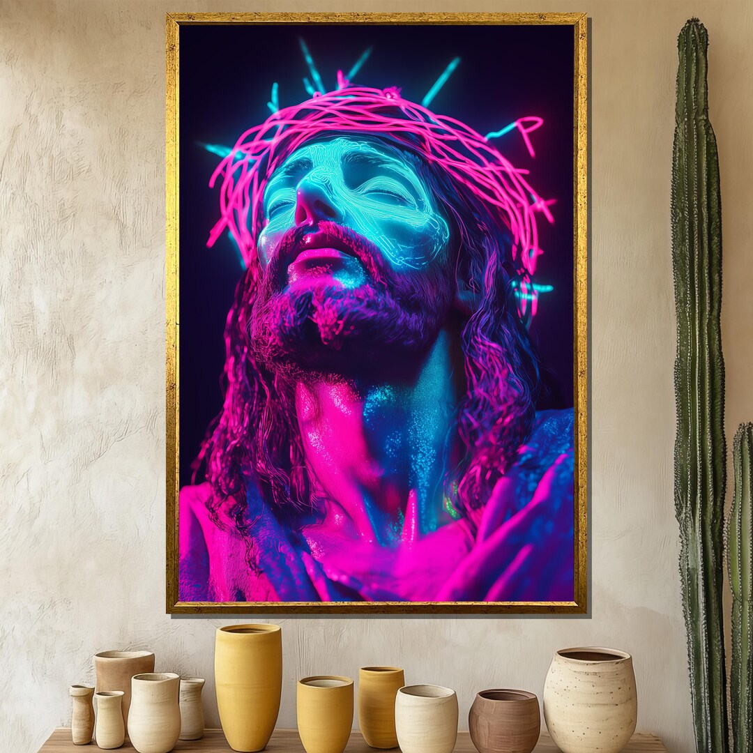 Neon Jesus Canvas Painting, Glowing Christian Wall Art, Modern ...