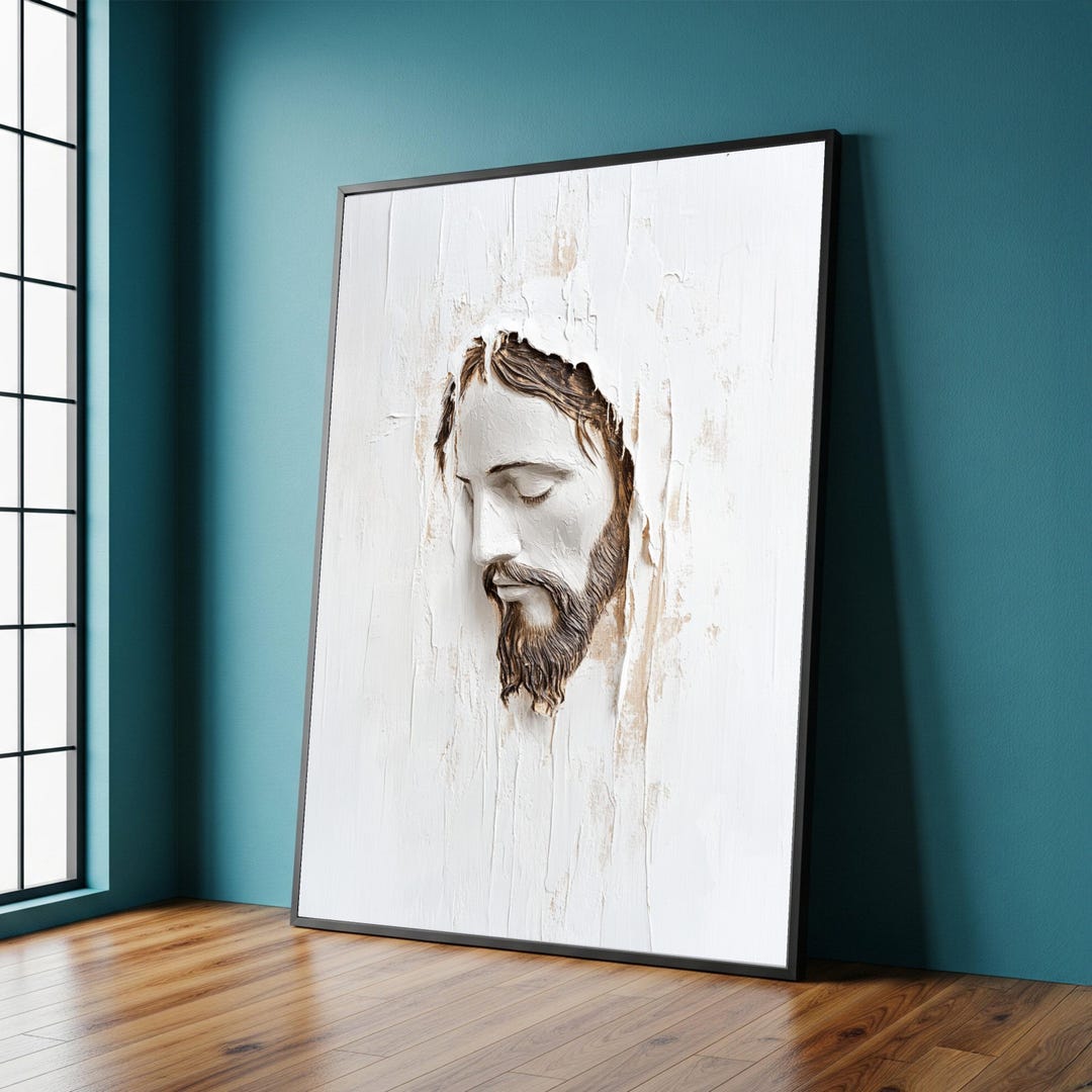 Jesus Face Canvas Painting, Minimal Christian Wall Art Print in White ...