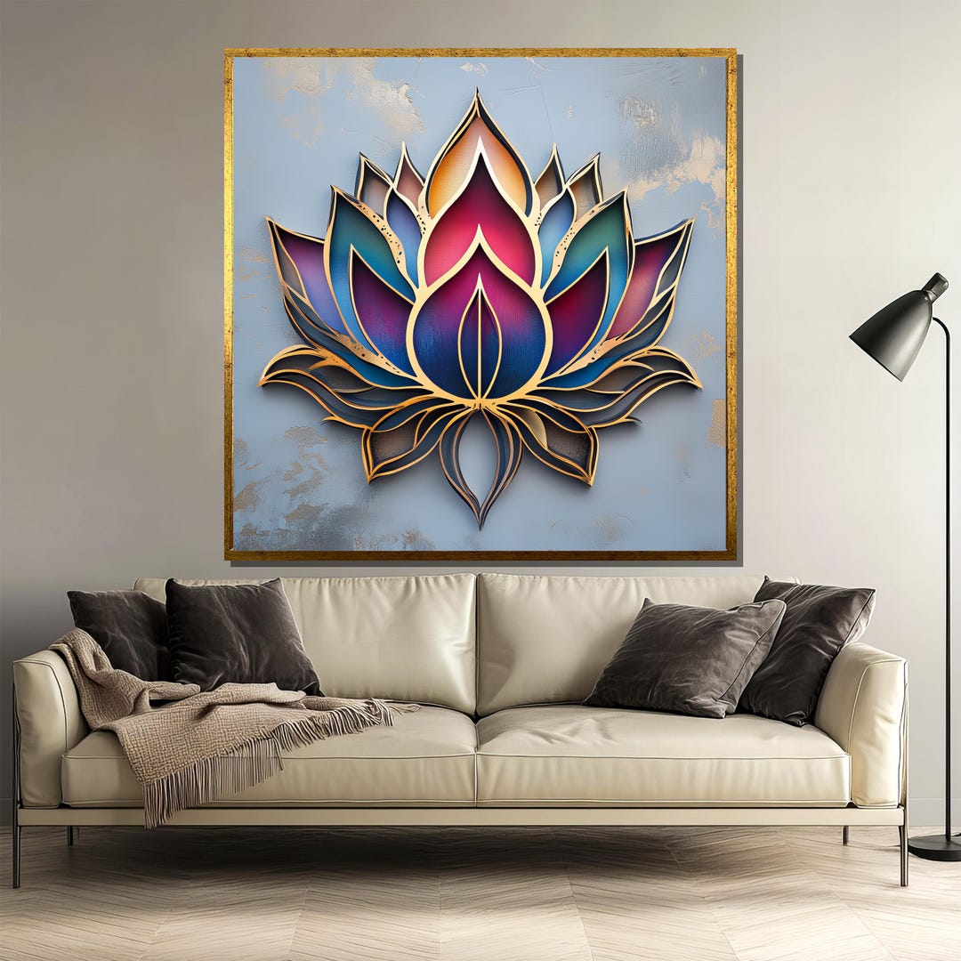Colorful Lotus Flower Canvas Painting, Gold and Blue Mandala Wall Art ...