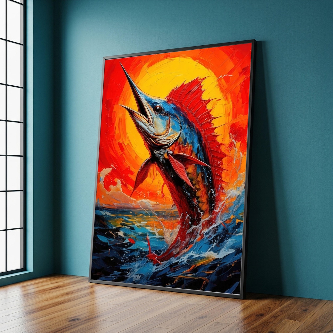 Swordfish Canvas Painting, Vibrant Ocean Wall Art With Sunset ...