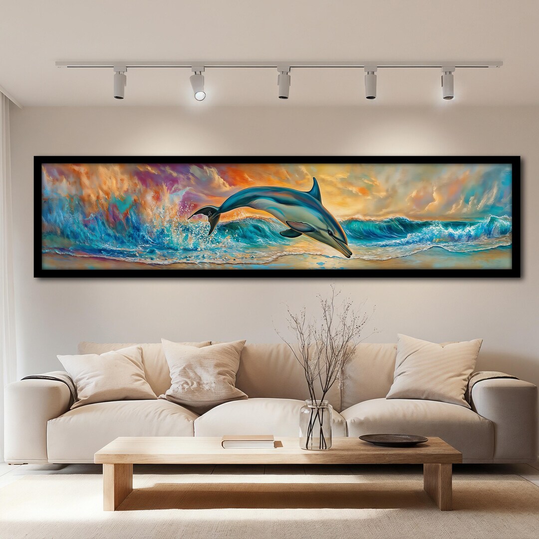 Dolphin Canvas Painting, Large Ocean Wave Wall Art, Panoramic Marine ...