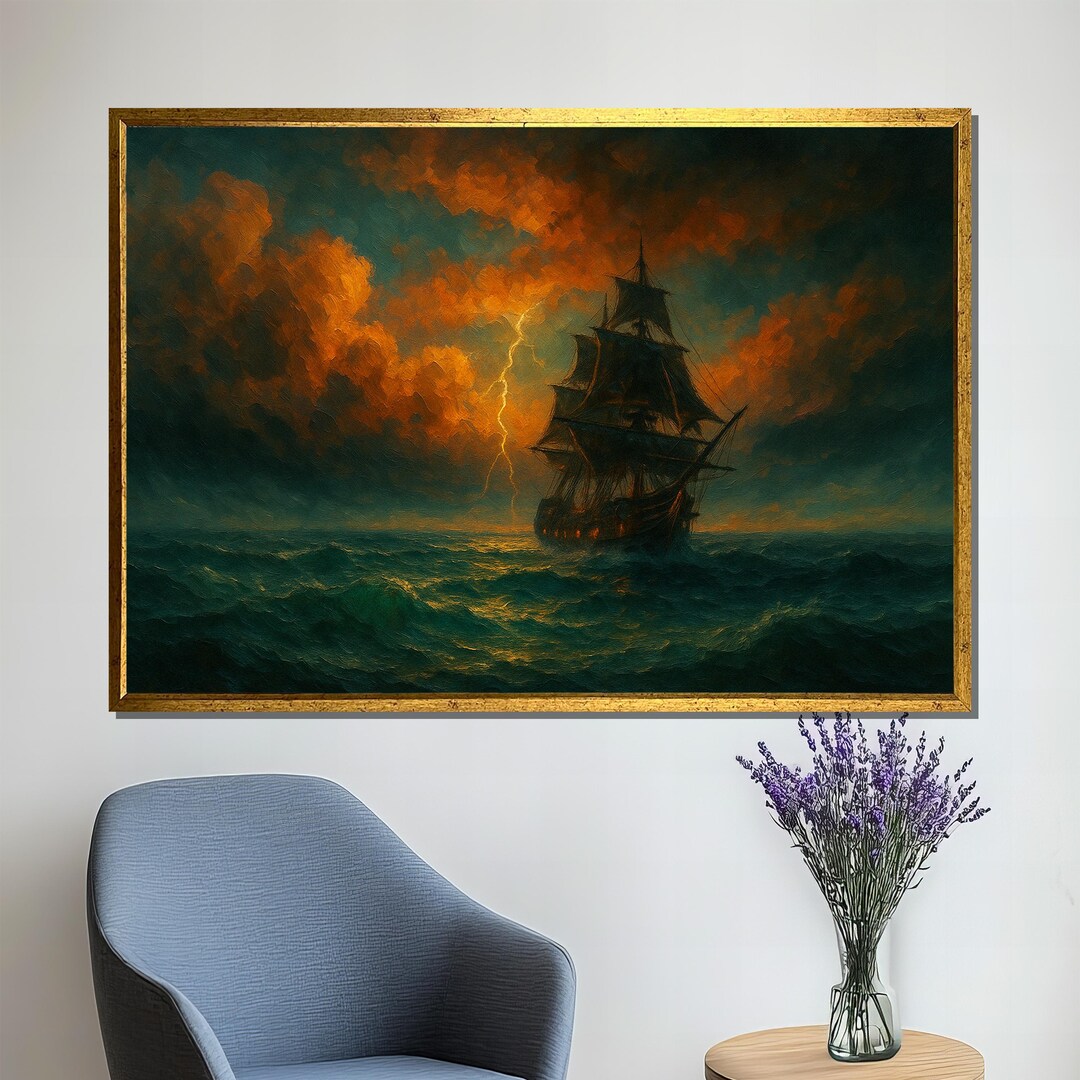Stormy Sea Canvas Painting With Pirate Ship, Dramatic Ocean Wall Art ...