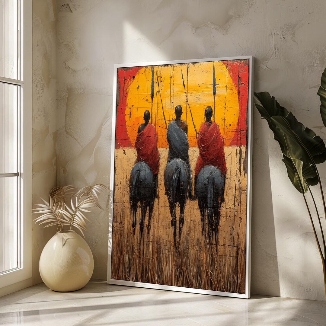 Abstract African Tribesmen Canvas Art - Bold Sunset Silhouette With ...