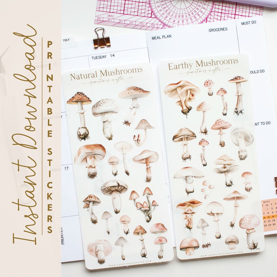 Watercolor Mushroom Planner Stickers | Printable Sticker Sheet (digital ...