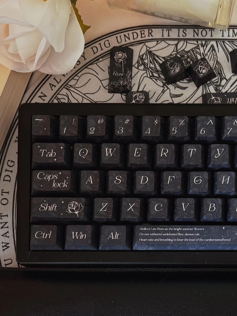 Jet Black Rose Keycaps | Cherry Profile Keycap Set | PBT Material ...