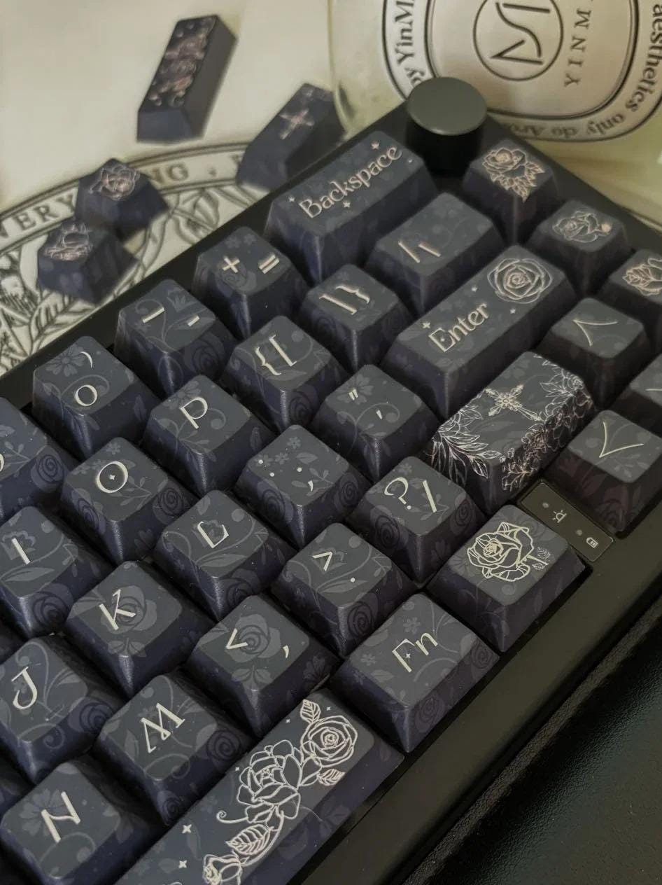 Jet Black Rose Keycaps | Cherry Profile Keycap Set | PBT Material ...