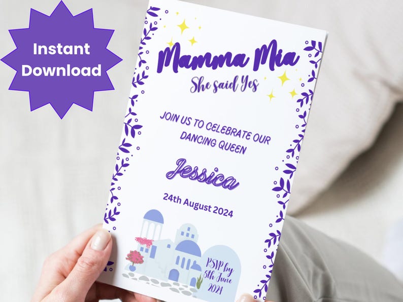 Mamma Mia - She Said Yes Hen Party Invitation & Itinerary Bundle (blue ...