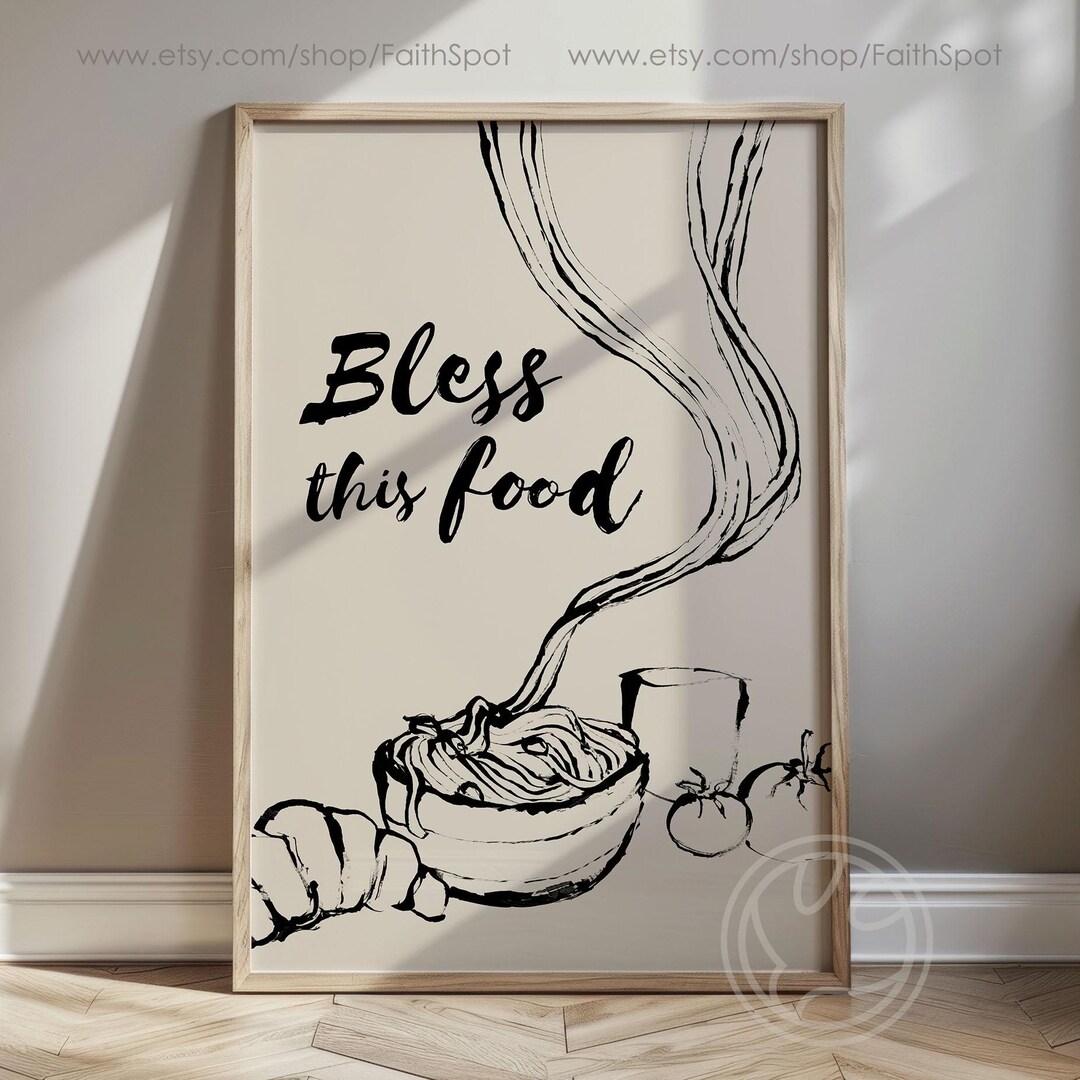 Bless This Food Trendy Pasta Poster Kitchen Wall Art With Meal Prayer ...