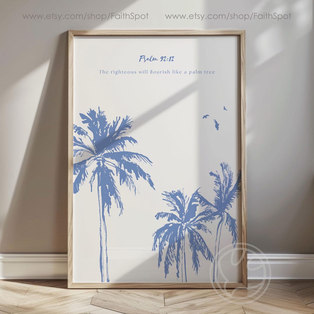 Blue Coastal Art Christian Palm Tree Print Tropical Wall Art With Psalm ...