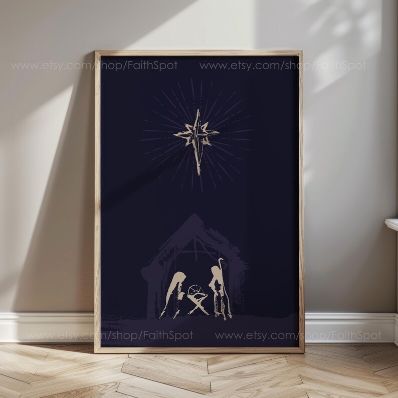 Baby Jesus in Manger Nativity Scene Print, Holiday Decor, Modern and ...