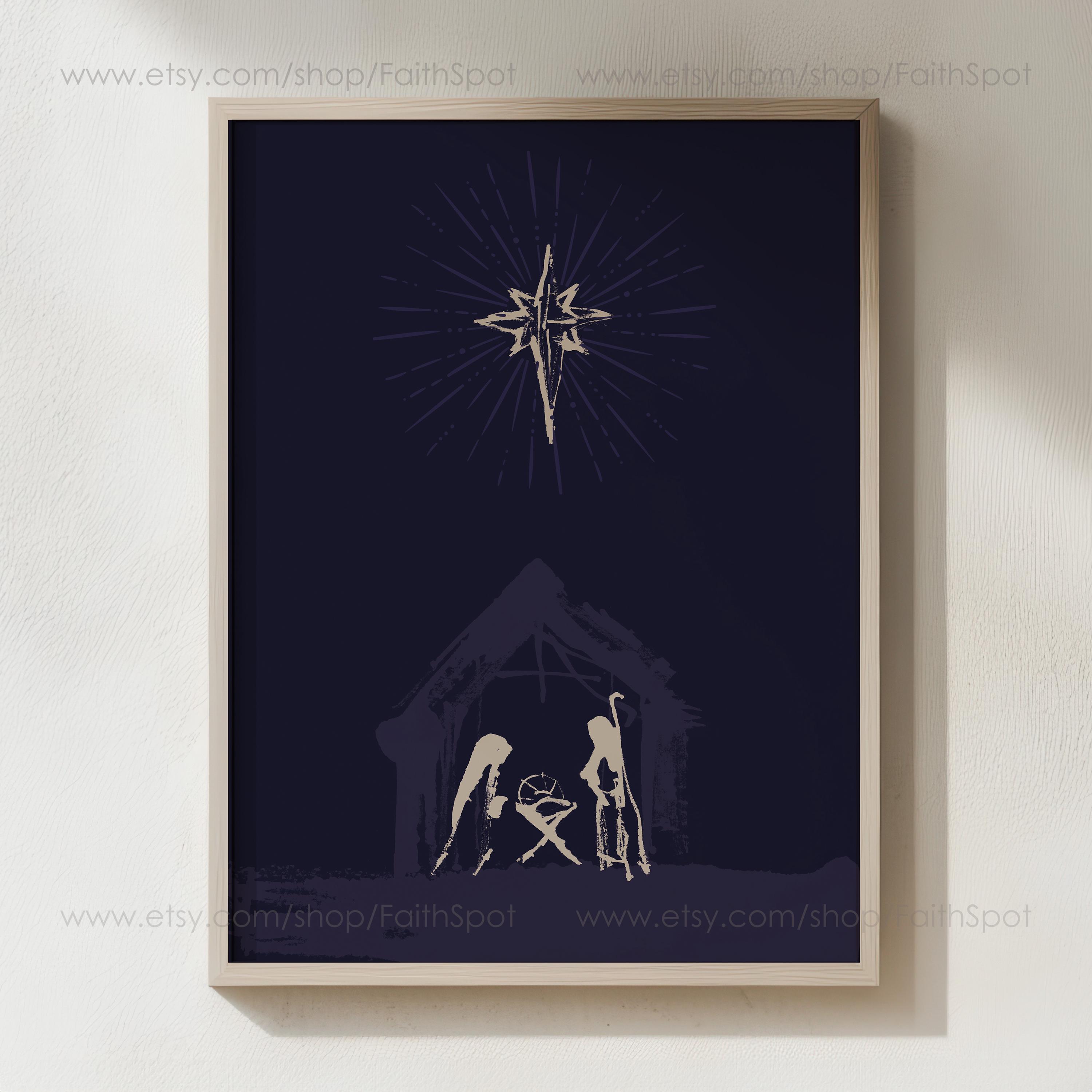 Baby Jesus in Manger Nativity Scene Print, Holiday Decor, Modern and ...