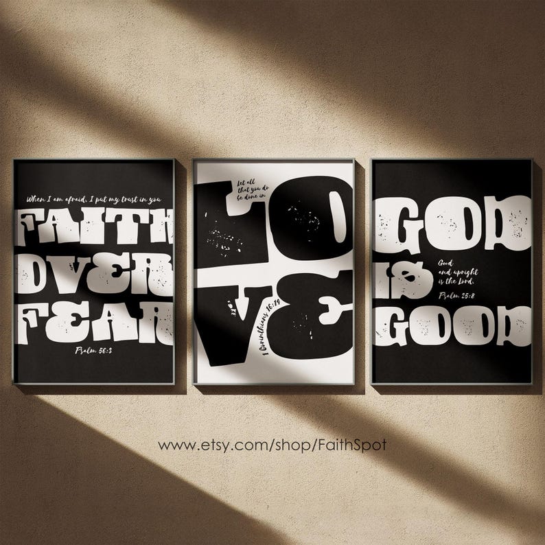 Trendy Wall Art Set of Three Christian Prints Faith Over Fear Bible ...