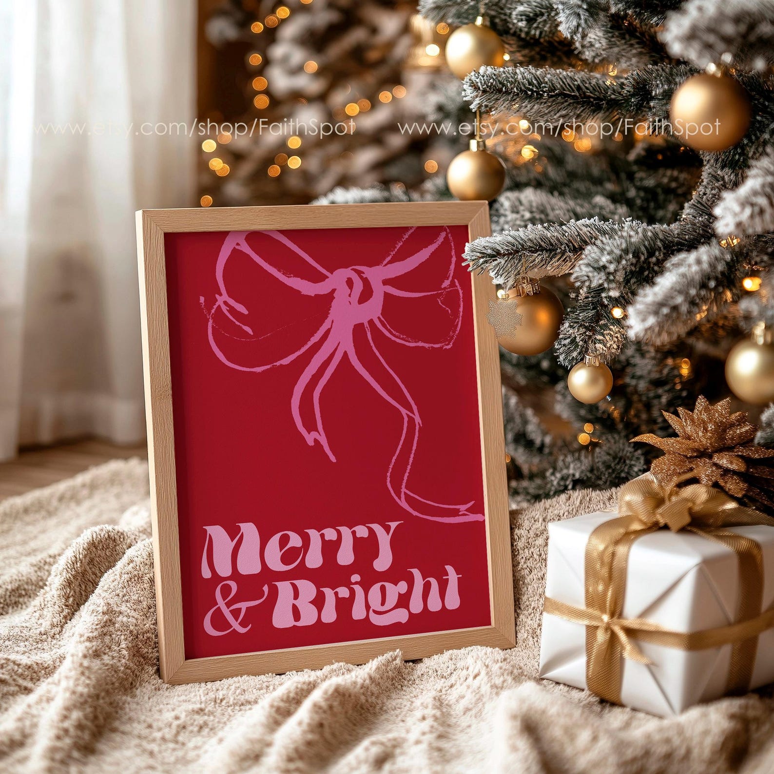 Merry and Bright Retro Christmas Printable Groovy Wall Art in Pink and ...