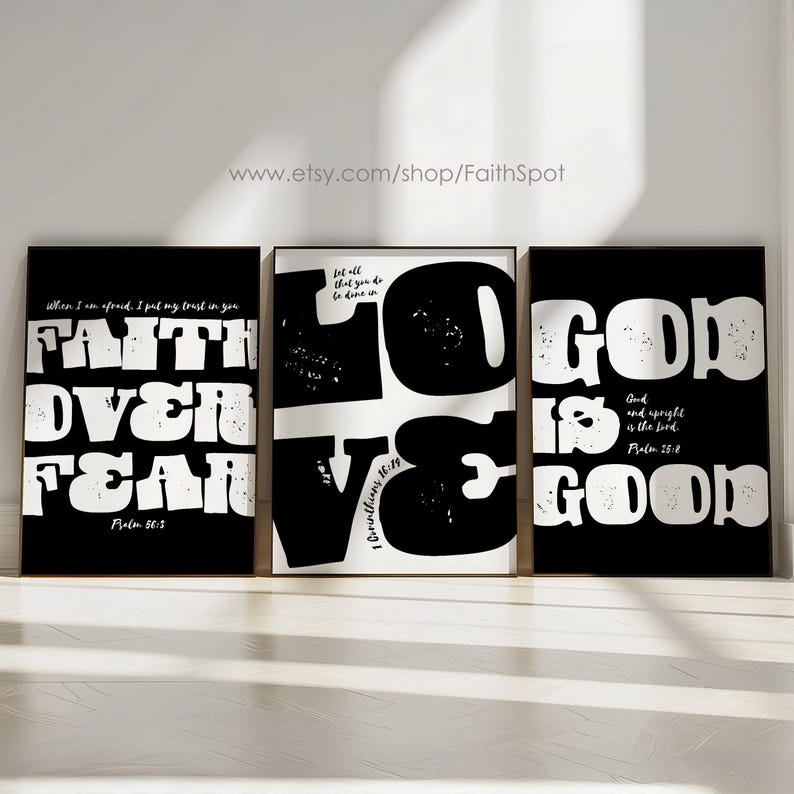 Trendy Wall Art Set of Three Christian Prints Faith Over Fear Bible ...