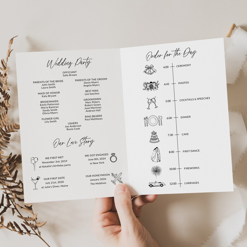 Minimalist Wedding Program Wedding Day Timeline Printable Modern ...