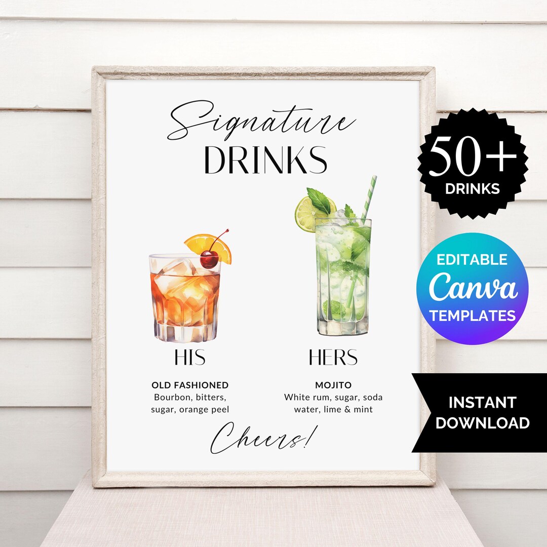 Signature Drinks Sign Template Wedding Bar Menu Unique Custom Cocktail ...