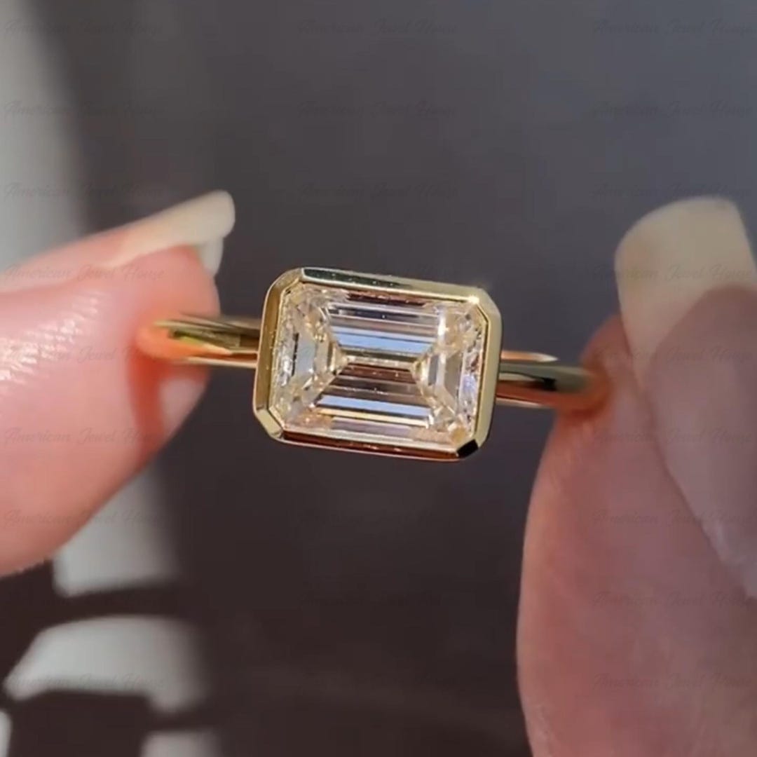 3 CT East West Emerald Cut Ring 10k 14k 18k Yellow Gold Bezel Ring ...