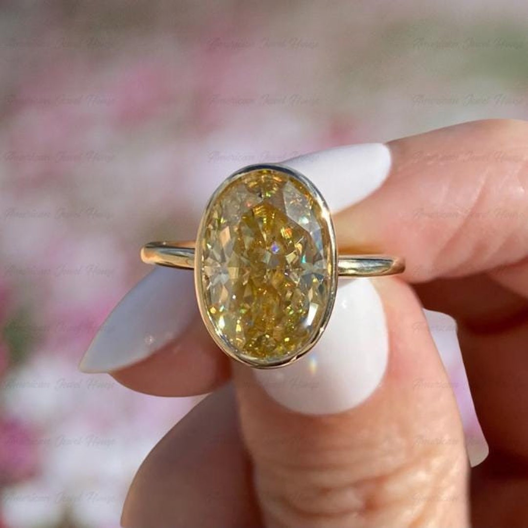 3.0 CT Oval Canary Yellow Diamond Ring, Oval Cut Bezel Set Engagement ...