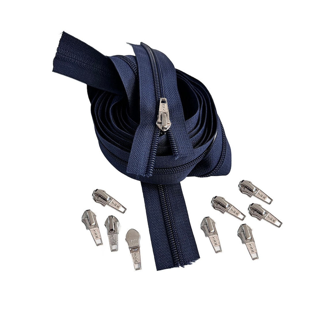 Size 5 Navy Nylon Coil Zipper: 5 Yards With 10 YKK Auto NICKEL Pull ...