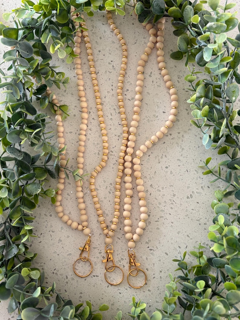 Wood and Gold Beaded Lanyard: Teacher ID Badge Holder - Etsy