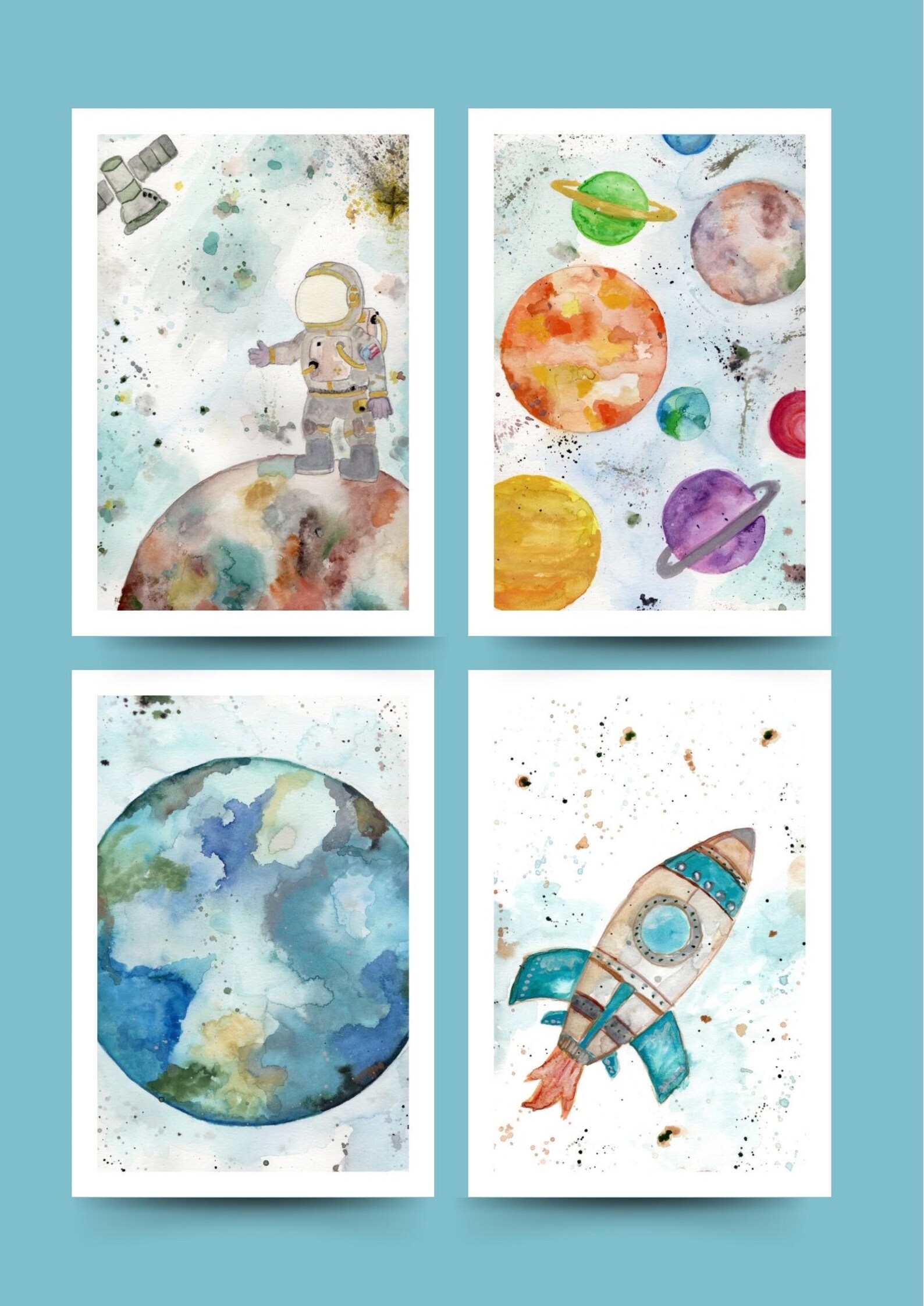 Space Watercolor Card Set • Planets • Space Shuttle • Astronaut • Earth ...
