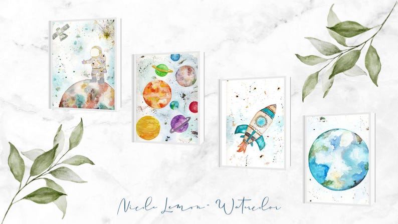 Space Watercolor Card Set • Planets • Space Shuttle • Astronaut • Earth ...