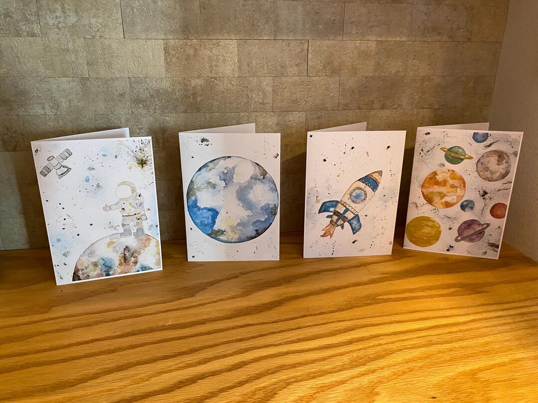 Space Watercolor Card Set Planets Space Shuttle Astronaut Earth Space ...