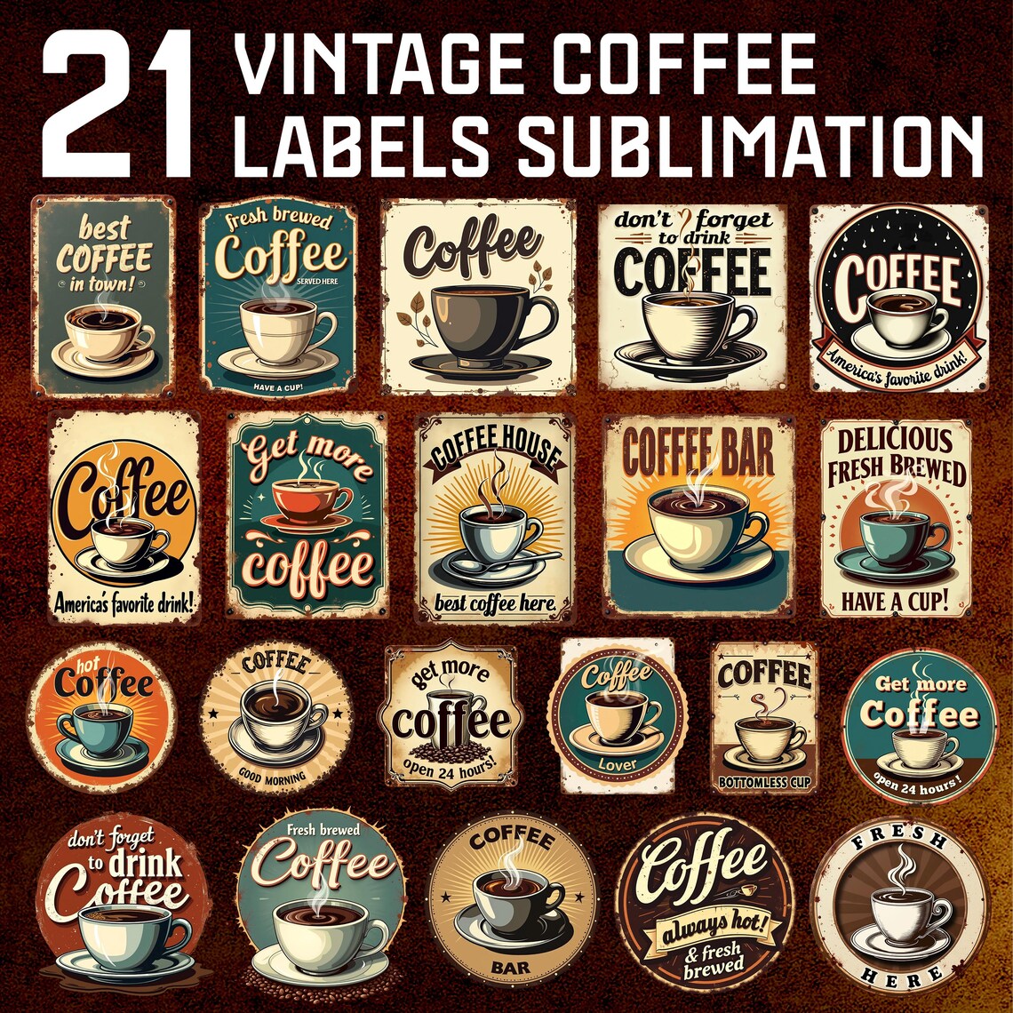 21 Vintage Coffee Labels Sublimation, Vintage POD Download, Vintage ...