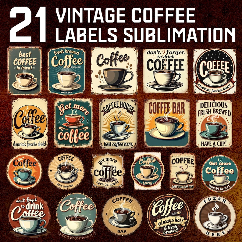 21 Vintage Coffee Labels Sublimation, Vintage POD Download, Vintage ...