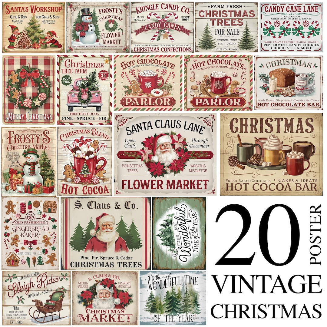 20 Vintage Christmas Farmhouse Holiday Poster, Vintage Printable ...