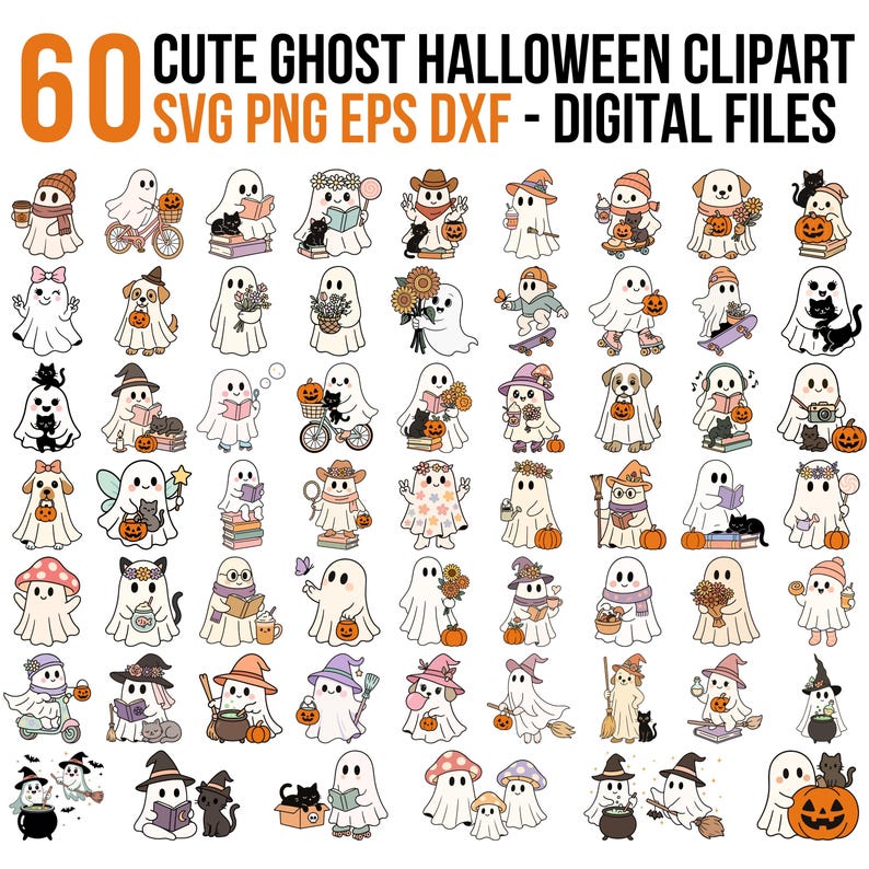 60 Cute Ghost Halloween Clipart SVG PNG EPS Dxf Bundle, Retro Ghost Png ...