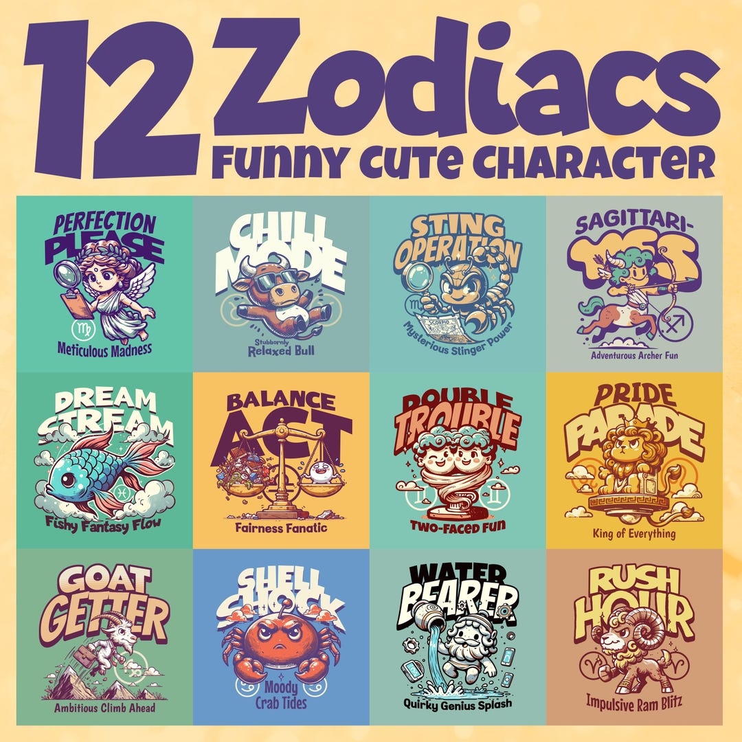 Funny Zodiac Cartoon PNG Bundle - Humorous Horoscope Clipart for ...