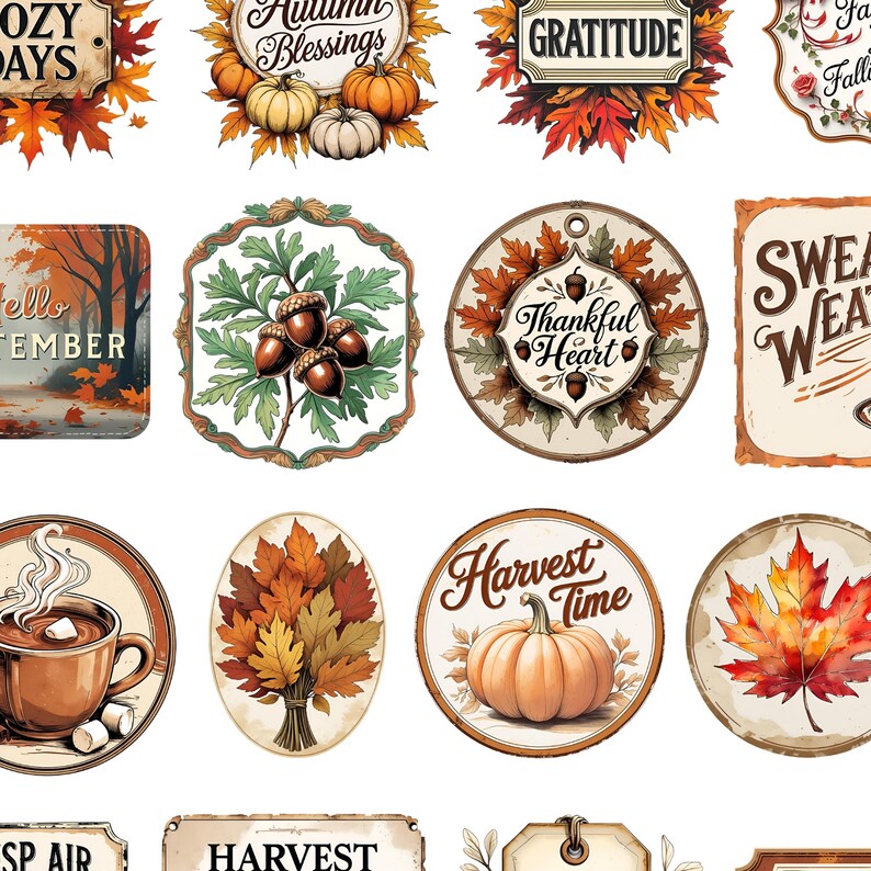 Vintage Autumn Labels Clipart PNG Bundle: Retro Pumpkin Spice ...