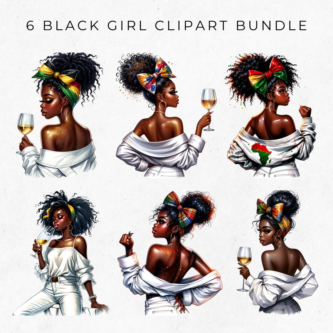 6 Black Girl Clipart PNG Bundle, Fashionable Girl Graphics, Afro Girl ...