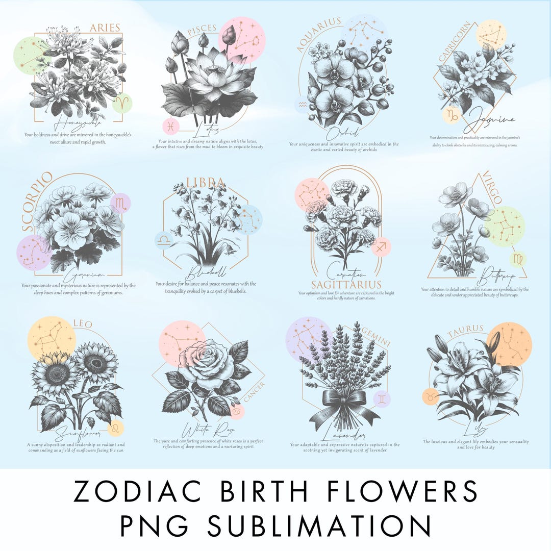 Minimalist Zodiac Birth Flowers PNG Bundle, Zodiac Birth Flowers Tattoo ...