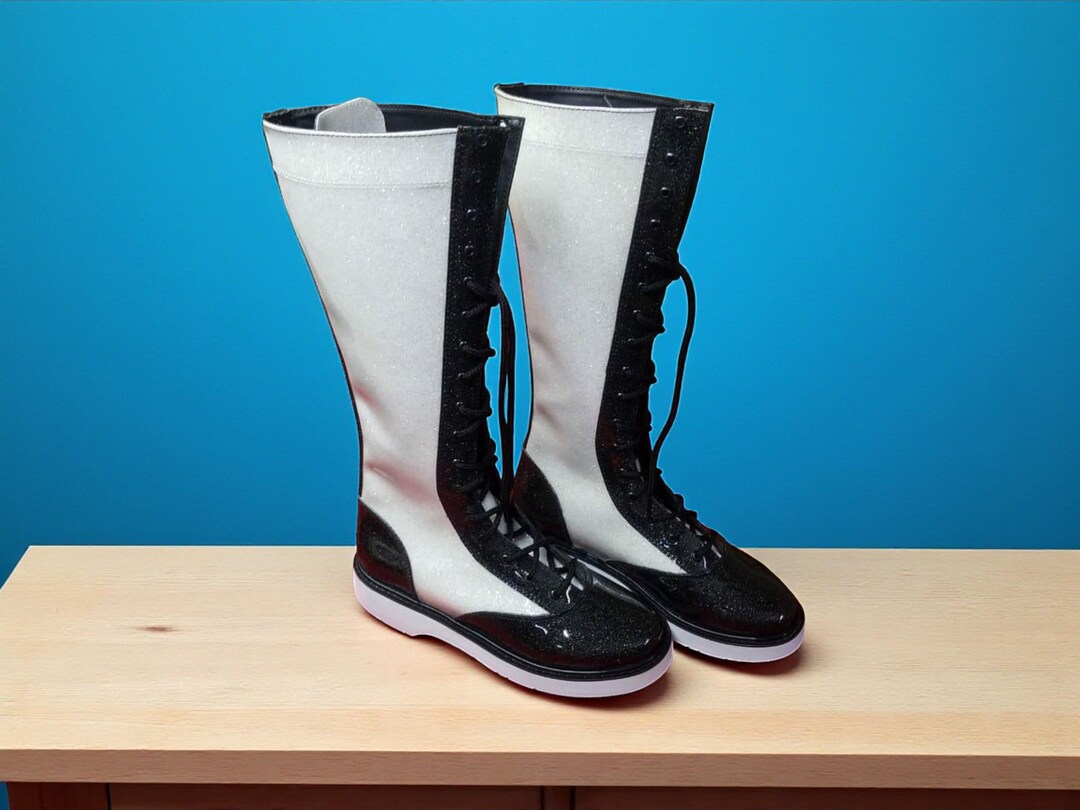 Handmade Sparkly Wrestling Boots Men Women, Black and White Lace up Ring Shoes, Pro Cosplay WWE ...
