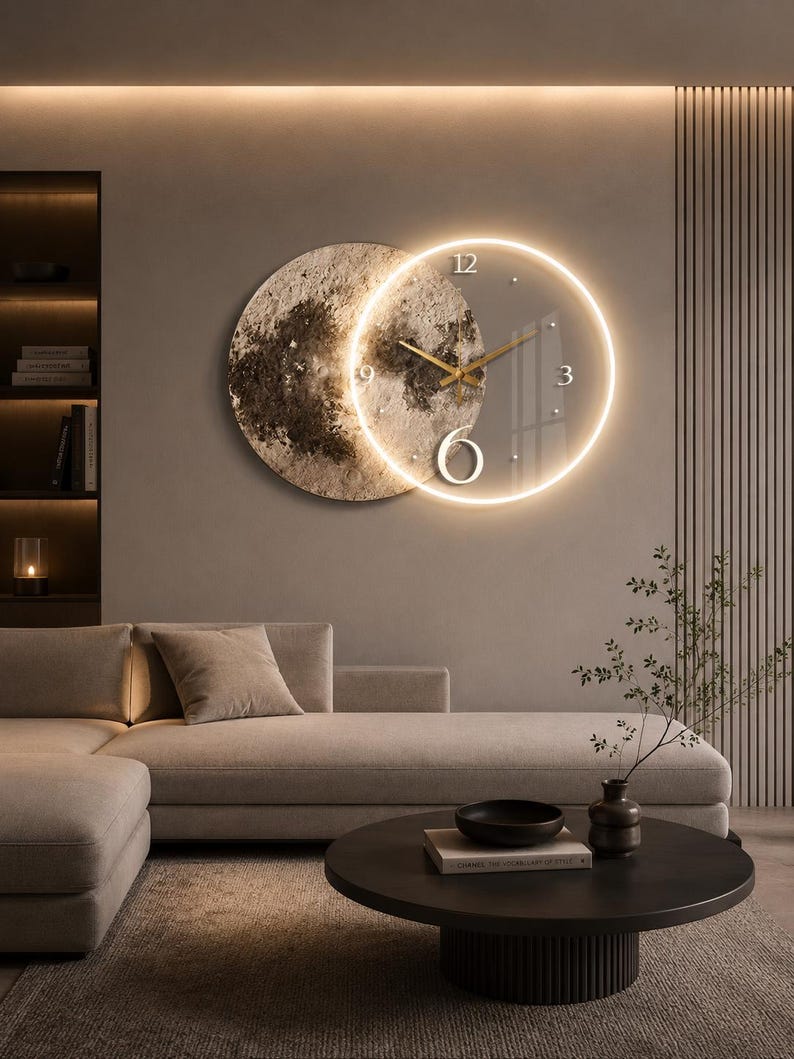LED Moon Wall Clock, Modern Illuminated Lunar Art, Silent Living Room ...