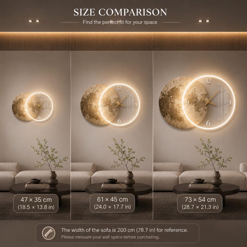 LED Moon Wall Clock, Modern Illuminated Lunar Art, Silent Living Room ...