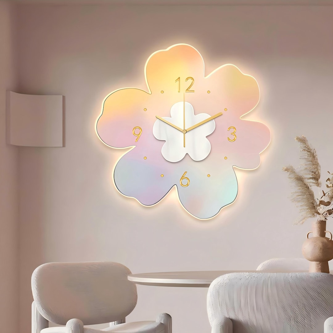 Clock Rainbow Flower Wall Clock, Warm LED Backlight, Floral Art Decor ...