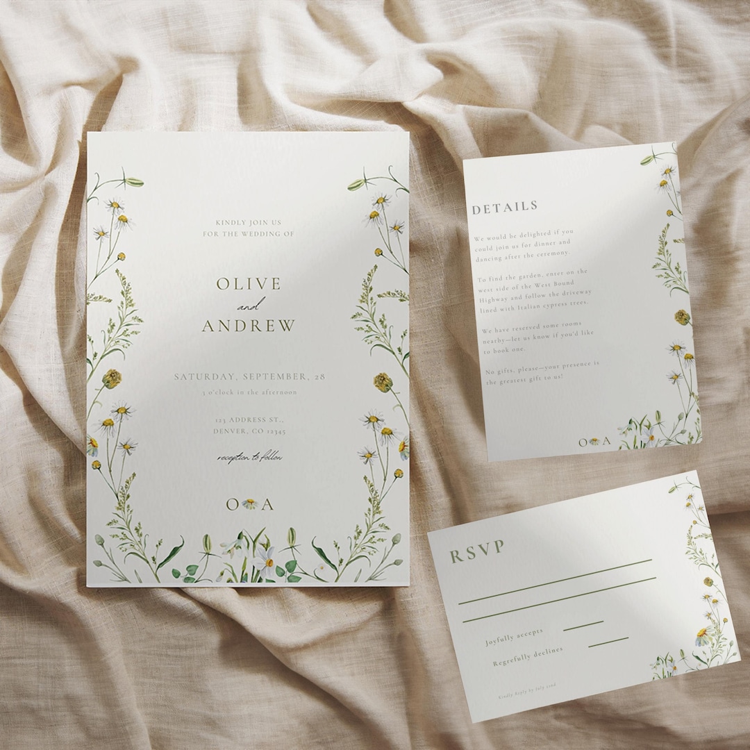 Wildflower Wedding Invitation Template | Elegant Botanical Greenery ...