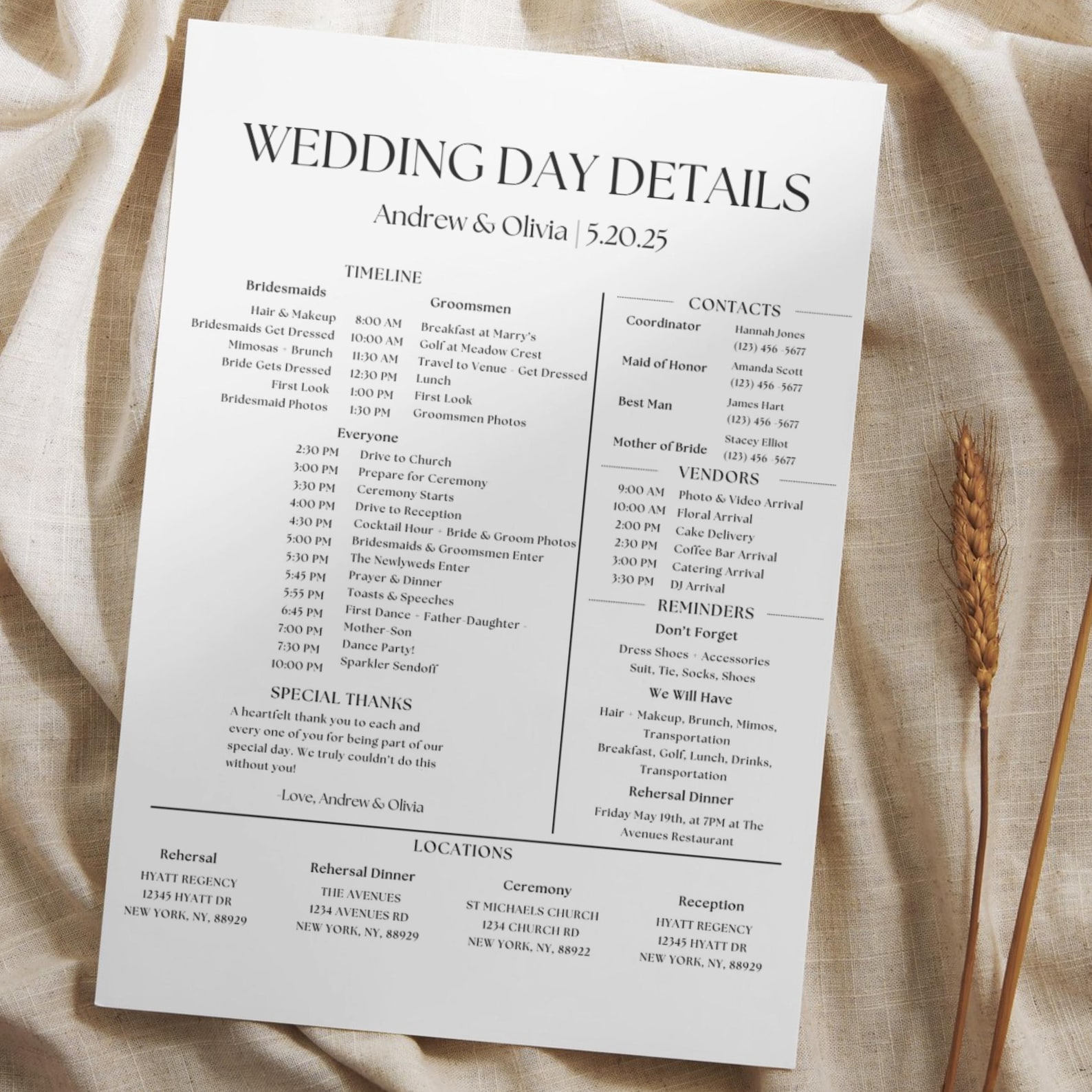 Wedding Day Timeline Template, Editable Schedule for Ceremony ...