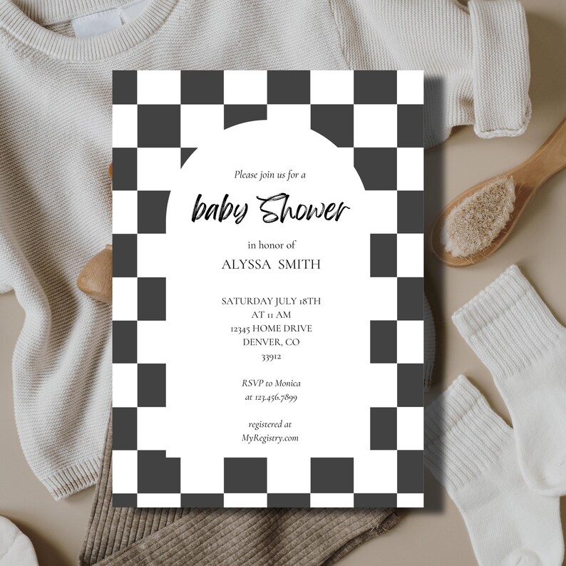 Checkered Boy Baby Shower Invitation Template, Editable Baby Shower Set ...