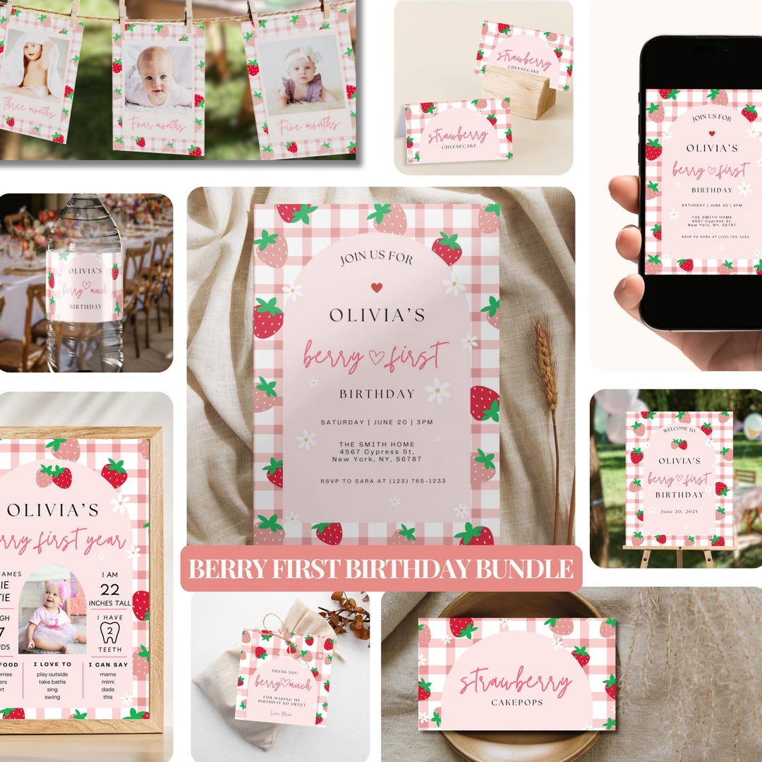 Berry First Birthday Invitation Set, Strawberry Party Bundle, Berry ...