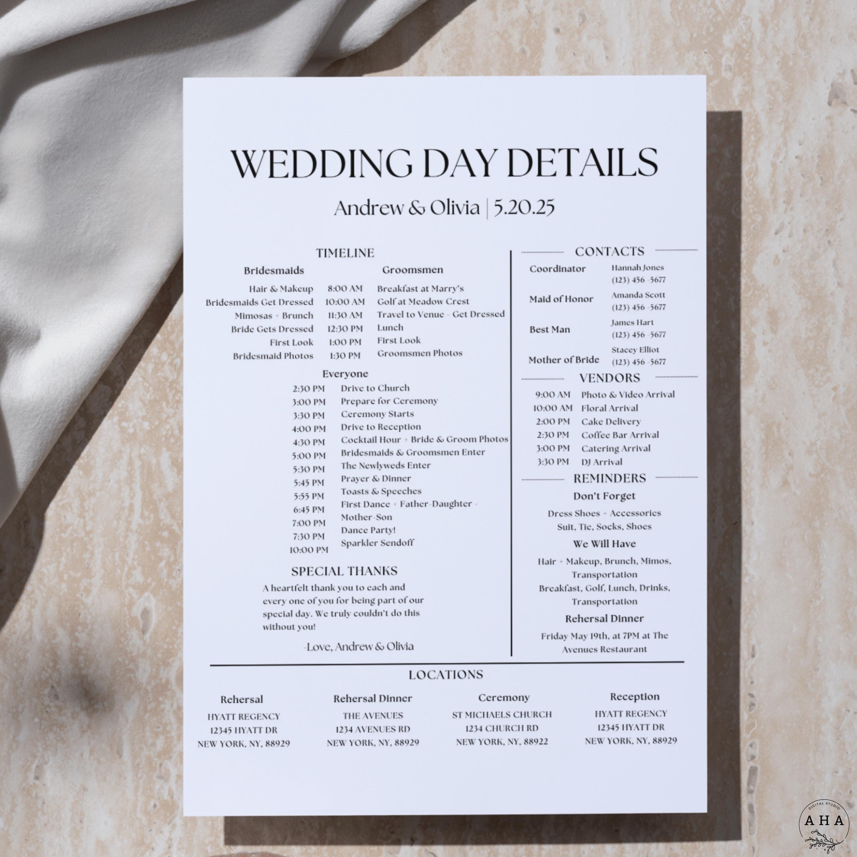 Wedding Day Timeline Template, Editable Schedule for Ceremony ...